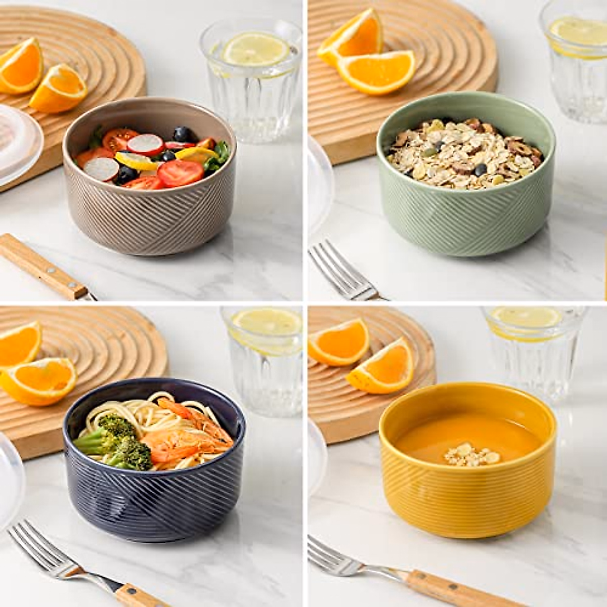 Adewnest Ceramic Bowl with Lid: 5 Inch Porcelain Bowls Set with Lids for Lunch, Picnic - Food Storage Containers - Prep Bowls for Kitchen - Microwave Oven Safe Serving Bowls Set of 4, 20 oz (Warm)