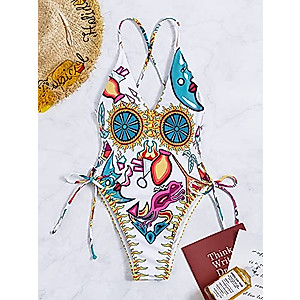 OYOANGLE Women's All Over Print Plunge Neck Cross Back High Cut Lace Up One Piece Swimsuit Multicolor Print L