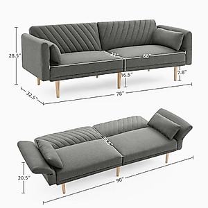 WILLOVE Futon Sofa Bed, 78" Modern Futon Couch, 3 Seater Folding Bed Tufted Couch with Adjustable Backrests and Armrest, Solid Wood Legs for Living Room, Bedroom, Small Room, Gray