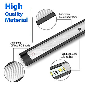 MYPLUS Under Cabinet Lights, 12" Touch Activated and Dimmable Aluminum LED Bar for Kitchen, Workbench and Desk, Warm White 3000K, Plug-in, Black.