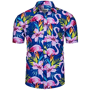 TUNEVUSE Mens Hawaiian Shirts and Shorts Set 2 Pieces Beach Outfits Flamingo Print Summer Tropical Suit with Bucket Hats Blue XX-Large