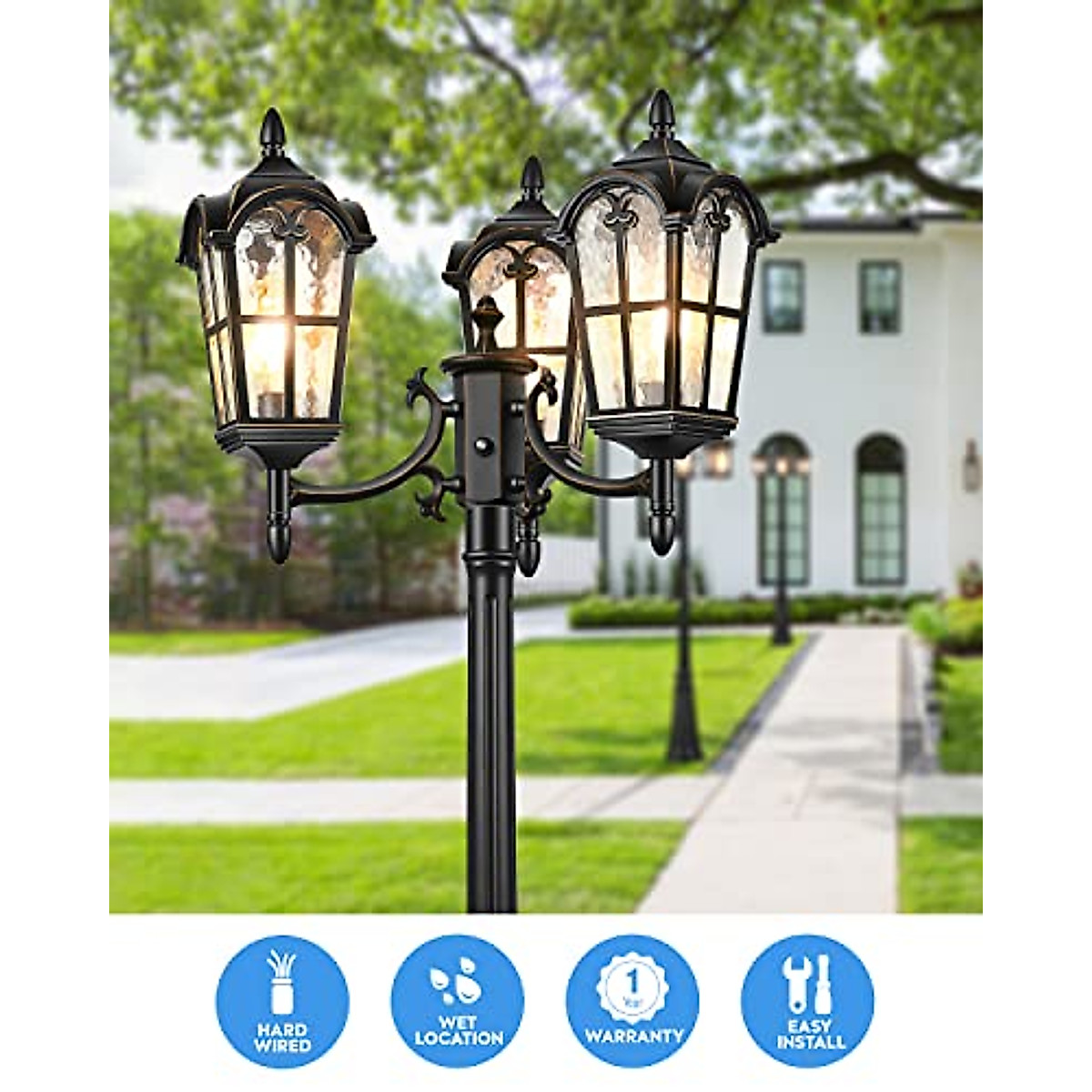 VIANIS 3-Head Outdoor Lamp Post Light Fixture, Black Outdoor Light Dusk Dawn Sensor for Lamp Post, Waterproof Anti-Rust Aluminum Housing with Tempered Glass, Street Light for Garden, Patio, Driveway