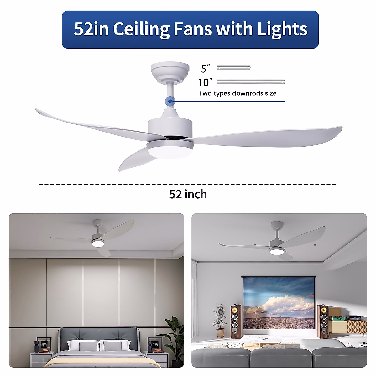 raccroc Ceiling Fans with Lights,52'' Ceiling Fan with Remote Control, 6 Speeds Indoor Outdoor Ceiling Fans with 22W 3CCT Dimmable LED Light, Noiseless DC Motor & 3 Reversible Blades White