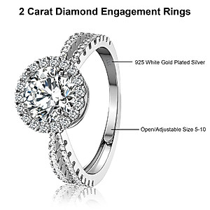 ATESSON S925 Platinum Plated Sterling Silver Engagement Rings,2ct Cut Diamond Ring for Women,4 Prong Moissanite Anniversary Promise Ring,Size Adjustable
