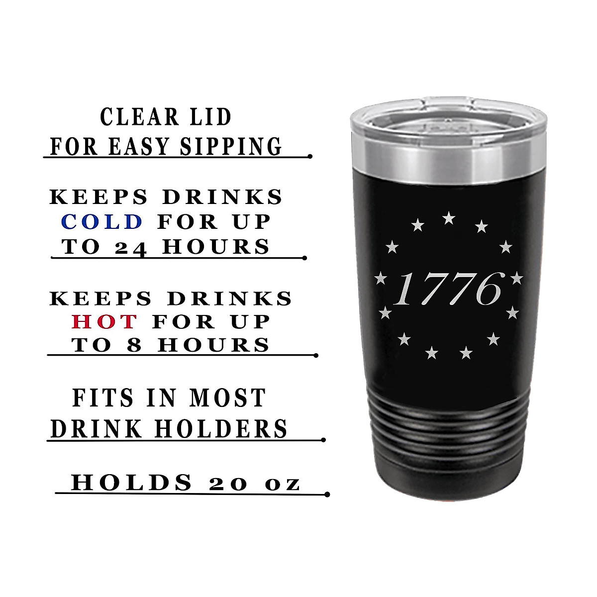 Rogue River Tactical Betsy Ross 1776 American USA Flag 20 Oz. Travel Tumbler Mug Cup w/Lid Vacuum Insulated Hot or Cold Military Vet Gift (Black)
