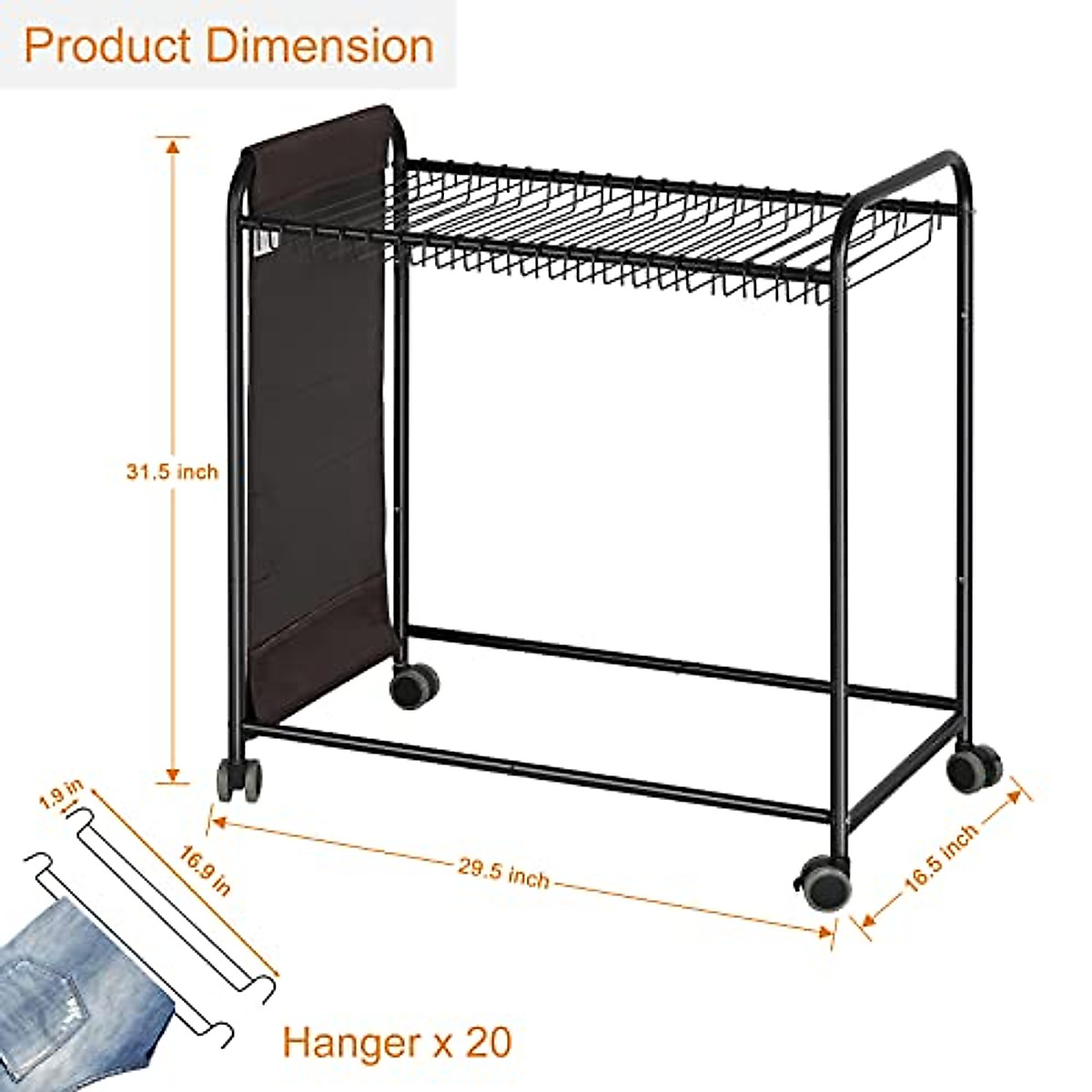Pants Hanger Rolling Pants Trolley Pant Rack with 20 Hangers and Side Bag Multifunctional Closet Organizer for Jeans Scarf Skirts Trouser Blanket, Black
