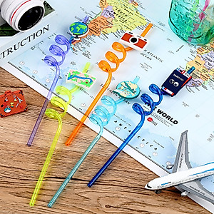 24 Pcs Travel Themed Party Favors Supplies Plastic Drinking Straws, Adventure Awaits Bon Voyage Birthday Party Supplies, Colorful Reusable Straws for Festivals Birthday Summer Beach Party Carnivals