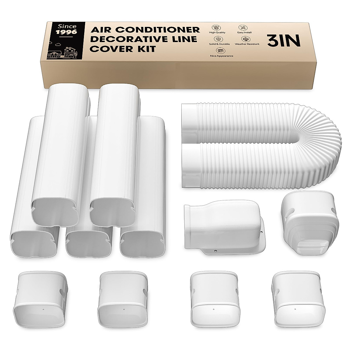 WEETALL 9 Ft Cover for AC Lines with Flexible Duct, Decorative Upgrade PP 3 Inch Line Set Cover for Ductless Mini Split Air Conditioner, Full Set Suitable for Heat Pumps Indoor & Outdoor