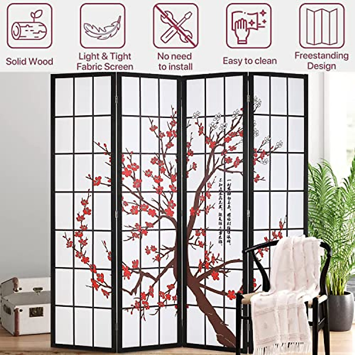 Room Divider 6Ft Folding Privacy Divider 4 Panel Portable Room Seperating Chinese Style Dividers Japanese Screen Wall Divider Wood Divider Tall Freestanding Partition Screen, White