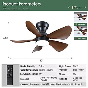 Kviflon Ceiling Fans with Lights and Remote/APP Control, 30 inch Low Profile Ceiling Fans with 5 Reversible Blades 3 Colors Dimmable 6 Speeds Ceiling Fan for Bedroom Dining Room, Wood Color