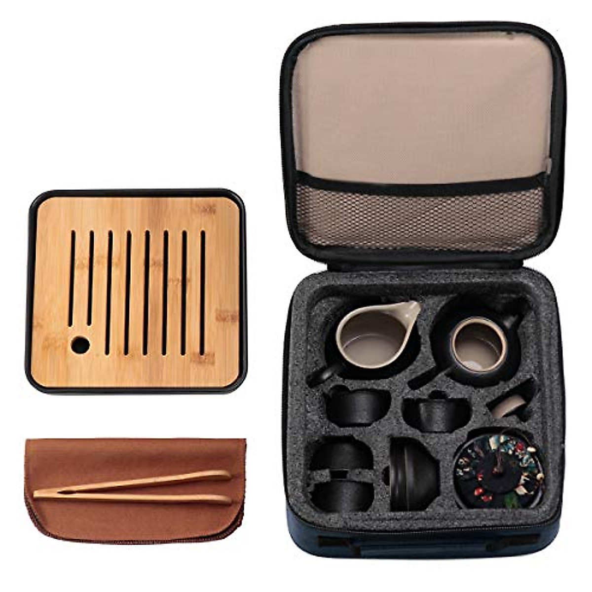 Mini Travel Kung Fu Tea Pot Cup Set with Tray - Portable Chinese Ceramic Porcelain Teapot Infuser Gift Bag All in One for Business Hotel Outdoor Picnic