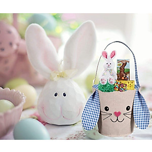 Cute Bunny Easter Bucket, Rabbit Blue/Pink, Easter Basket Bag with Floppy Ears for Kids Carrying Gifts and Candy, Egg Hunt Bag (Blue)