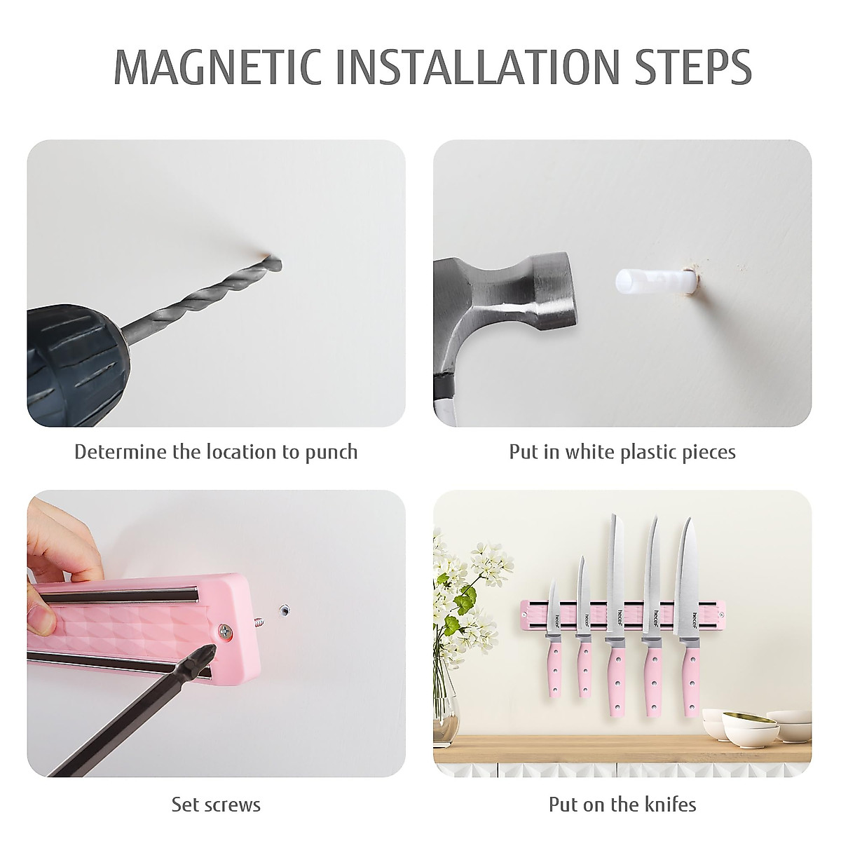 hecef Kitchen Knife Set with Magnetic Strip, 6 pcs Professional Knives Set for Kitchen, 13-inch Magnetic Strip Stainless Steel Sharp Chef Knife Set with Pink Handle for Cutting Meat & Vegetable