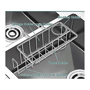 VIGOR PATH 4-in-1 Kitchen Sink Sponge Holder with Brush Holder, Dish Cloth Hanger, and Sink Plug Bracket - 304 Stainless Steel (Silver)