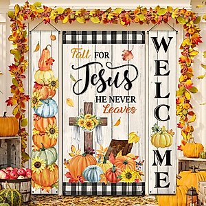 3 Pcs Thanksgiving Porch Sign Banner Fall for Jesus He Never Leaves Hanging Door Sign Thanksgiving Pumpkin Maple Leaf Harvest Welcome Banner for Home Porch Front Door Decor