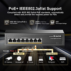 MokerLink 8 Port Gigabit PoE Switch, 8 PoE+ Ports 1000Mbps, 802.3af/at 120W, Metal Fanless Unmanaged Plug and Play