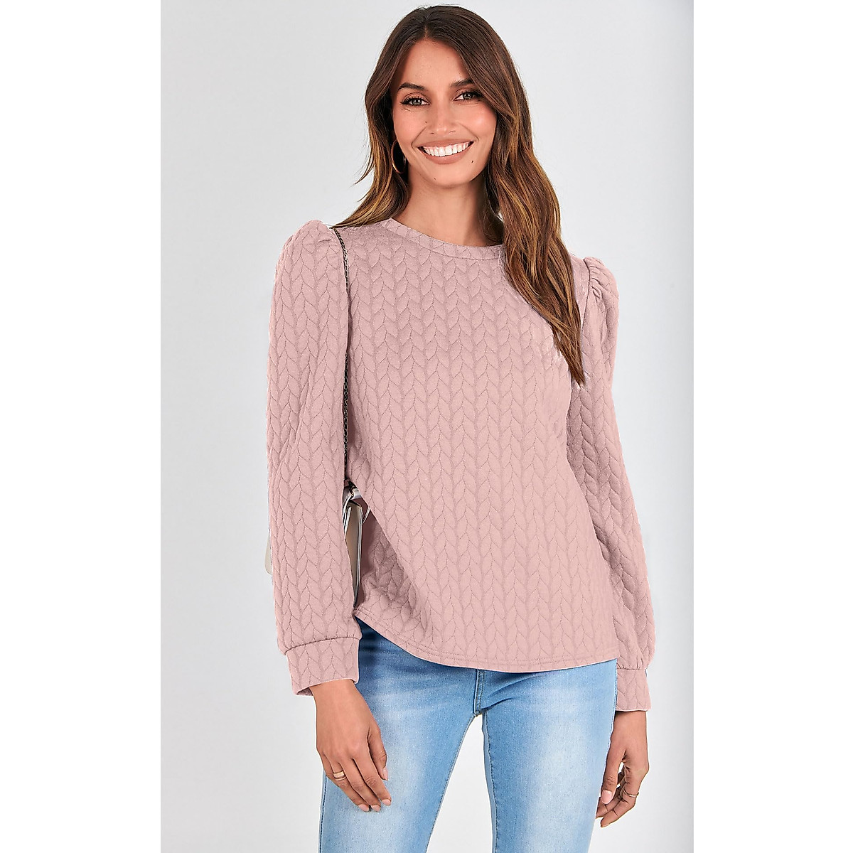 PRETTYGARDEN Quilted Puff Sleeve Sweatshirt Fall Fashion 2024 Trendy Casual Western Ladies Pullover Outfits Clothes (Pink,L)