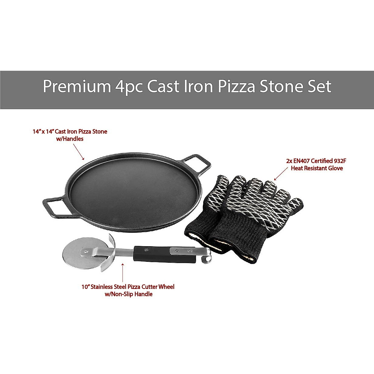 PitMaster King Cast Iron Pizza Stone 4-Pk Complete Kit