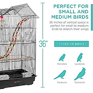 Best Choice Products 36in Indoor/Outdoor Iron Bird Cage for Medium Small Birds, Parrot, Lovebird, Finch, Parakeets, Cockatiel Enclosure w/Removable Tray, 4 Feeders, 2 Toys
