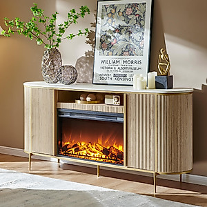 OKD Luxury 70" Fluted Fireplace TV Stand, Modern Chic Entertainment Center for TVs Up to 80 inches, TV Console with Faux Marble Top, Curved Profile Design, Media Console for Living Room, Natural Oak