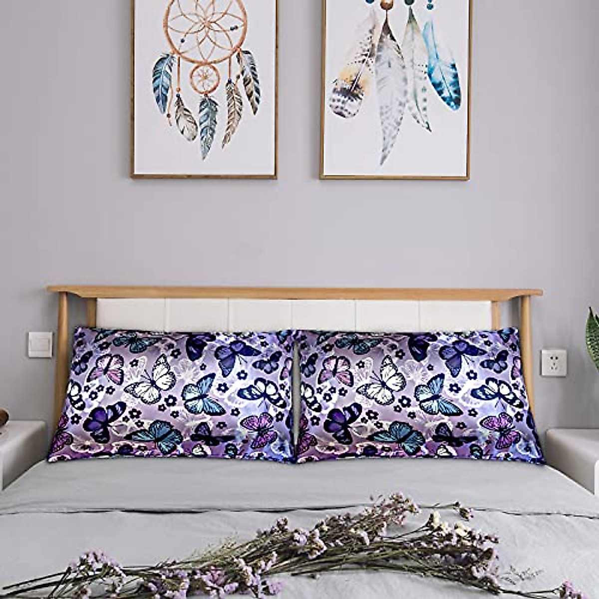 Silk Satin Pillowcase for Hair and Skin Soft Satin Pillow Cases Standard Size Pack of 2, Wrinkle, Fade-Resistant with Envelope Closure (20’’x26’’, Purple, Butterflies & Flower)