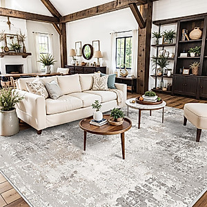 Washable 9x12 Area Rugs - Neutral Large Rugs for Living Room Abstract Soft Faux Wool Carpet for Bedroom Non Slip Stain Resistant Dining Room Rug Beige/Grey/Brown