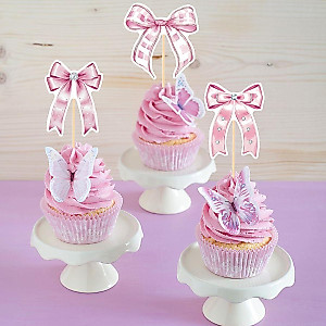 SAMOKA Pink Bow Cupcake Toppers,24 PCS Bow Birthday Cake Topper,Girls Birthday Party Decorations,Bowknot Cupcake Decorations for Bridal Baby Shower Birthday Wedding Themed Party
