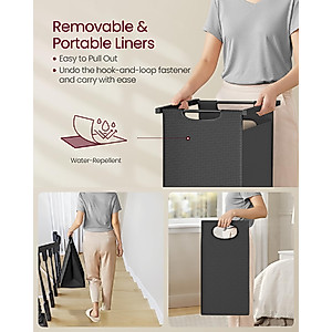 VASAGLE Laundry Basket, 2-Section Laundry Hamper with Blanket Ladder, Pull-Out and Removable Liners, Shelf, 5 Hooks, 2 x 12.1 Gallons, 28.7 x 13 x 69.7 Inches, Rustic Brown and Black UBLH221B01