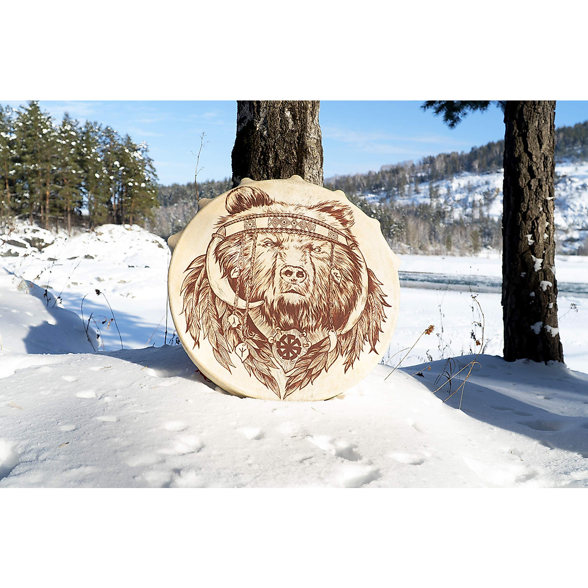 Siberian round shaman drum 19" (50 cm) with drawing of a bear/authentic tambourine/with beater and case included
