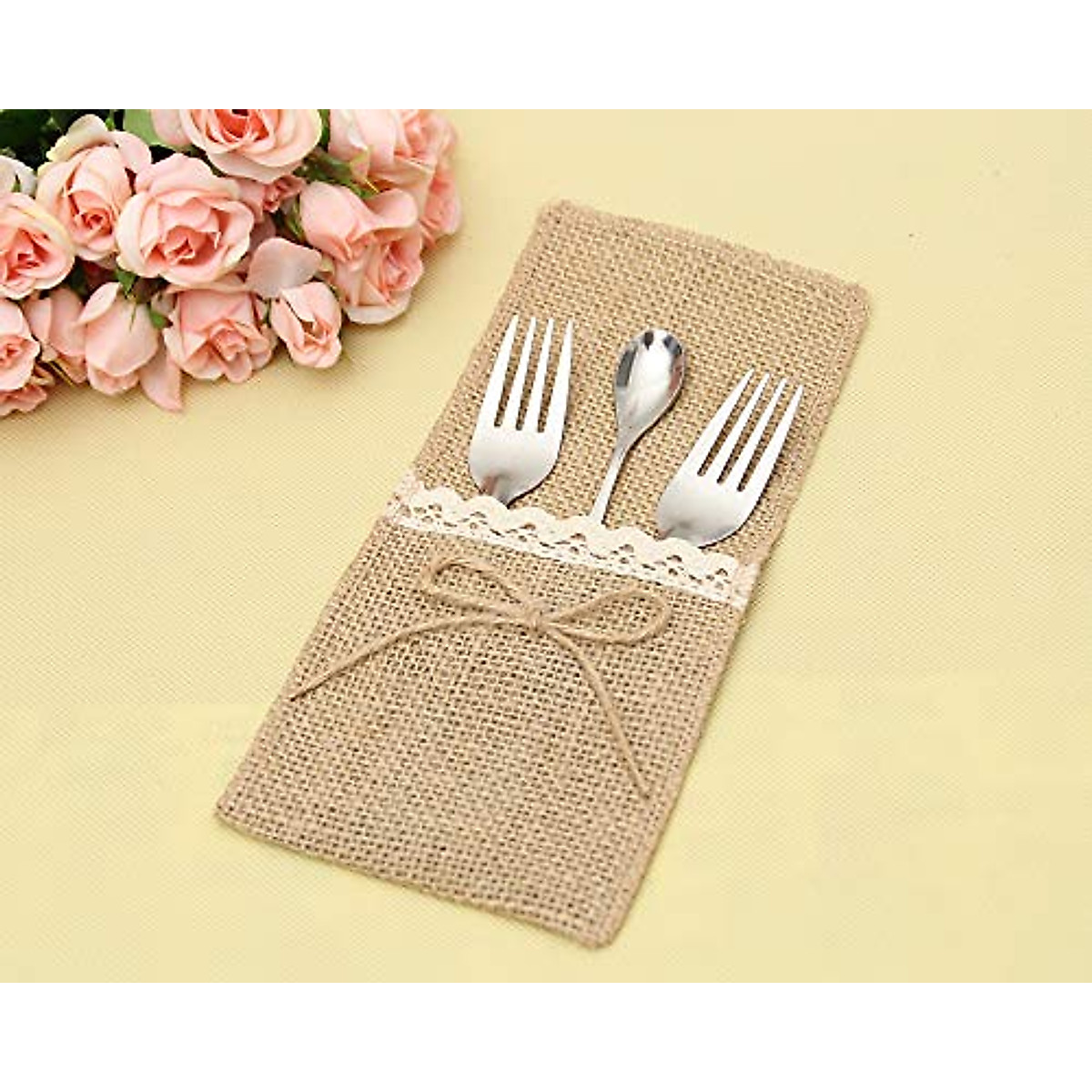 Topmodehome Burlap Cutlery Holders Lace Utensil Pouch Knifes Forks Bag for Vintage Natural Wedding (4x8inch, Rope Bow)