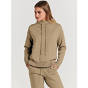 ANRABESS Women Two Piece Outfits Turtleneck Pullover Top Cozy Knit Sweater Pants Lounge Set 2024 Fall Sweatsuit Sweatsuits Khaki Medium