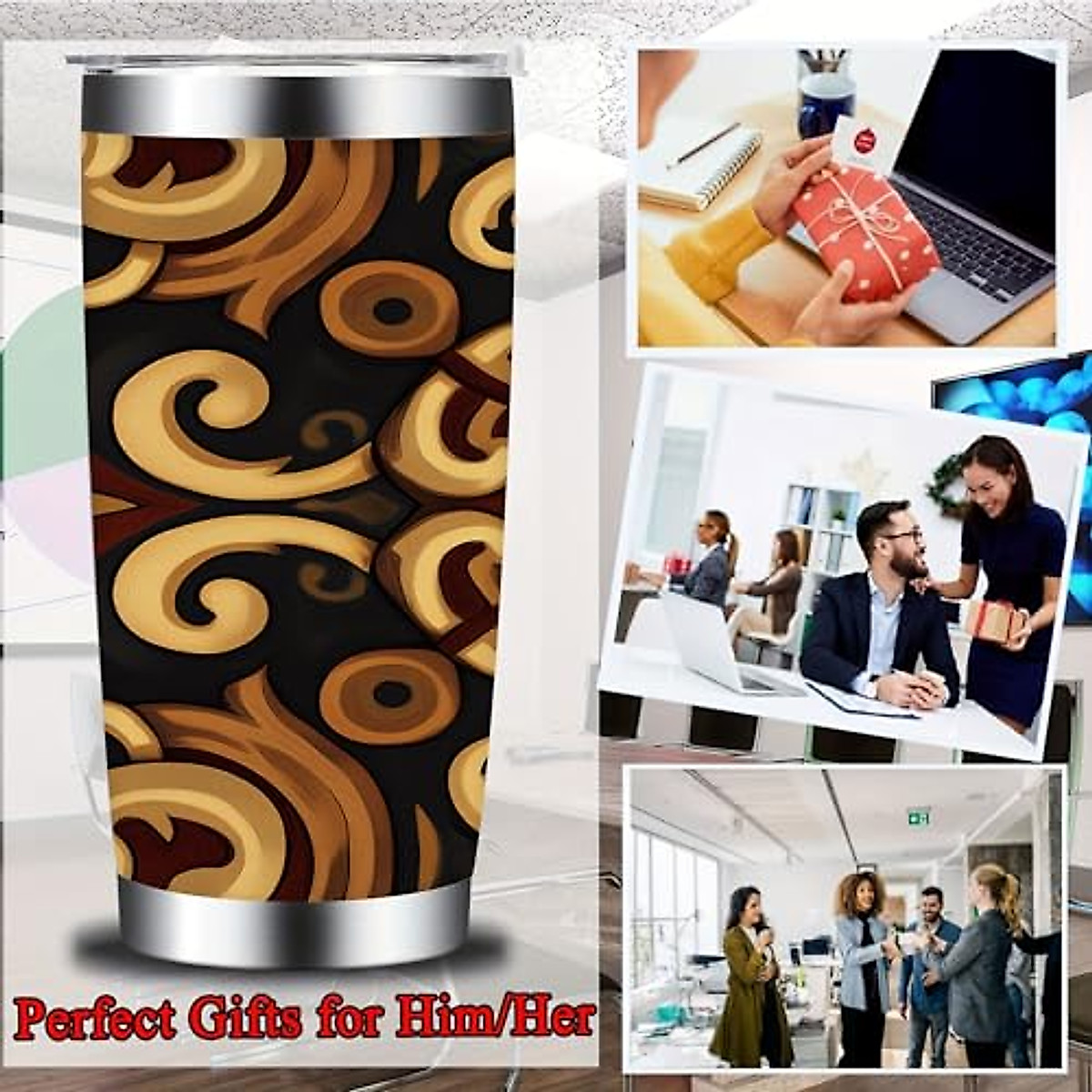 FOCIUZTA 20oz Golden Swirls and Circle Design Decorative Tumbler with lid, Travel Coffee Cup, Ideal for Easter, Gaming Enthusiast, Mother Day, and birthday gifts