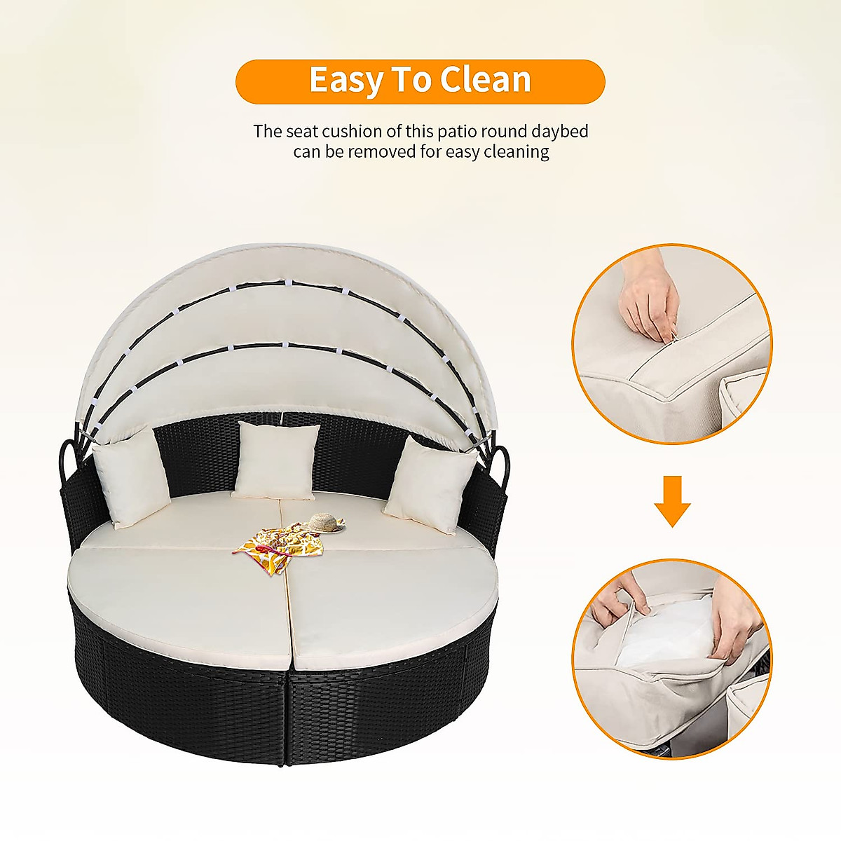 Outdoor Round Daybed Wicker Patio Furniture Outdoor Furniture with Retractable Canopy Rattan Separated Seating Sectional Sofa Khaki Washable Cushioned and Three Pillow for Patio Backyard Porch Pool