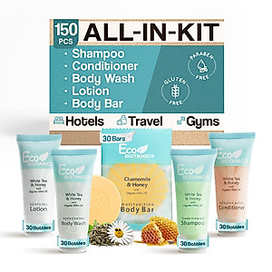 Eco Botanics Hotel Soaps & Toiletries Bulk Set | 1-Shoppe Amenities Kit | 0.85oz Shampoo & Conditioner, Body Wash, Lotion, 0.89oz Bar Soap | Travel Size | 150 Pieces