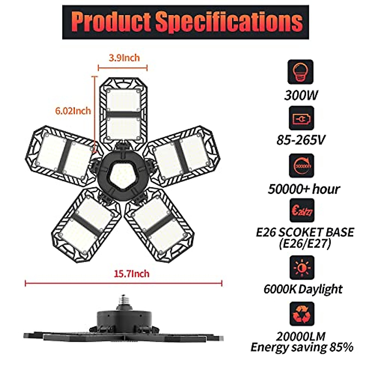 Rufbjkd LED Garage Light,300W Deformable LED Garage Ceiling Light with 5 Adjustable Leaf,Super Bright LED Shop Light With10+1 Glow Panels, Lighting for Garage Basement Warehouse,E26/E27 Base (2 Pack)