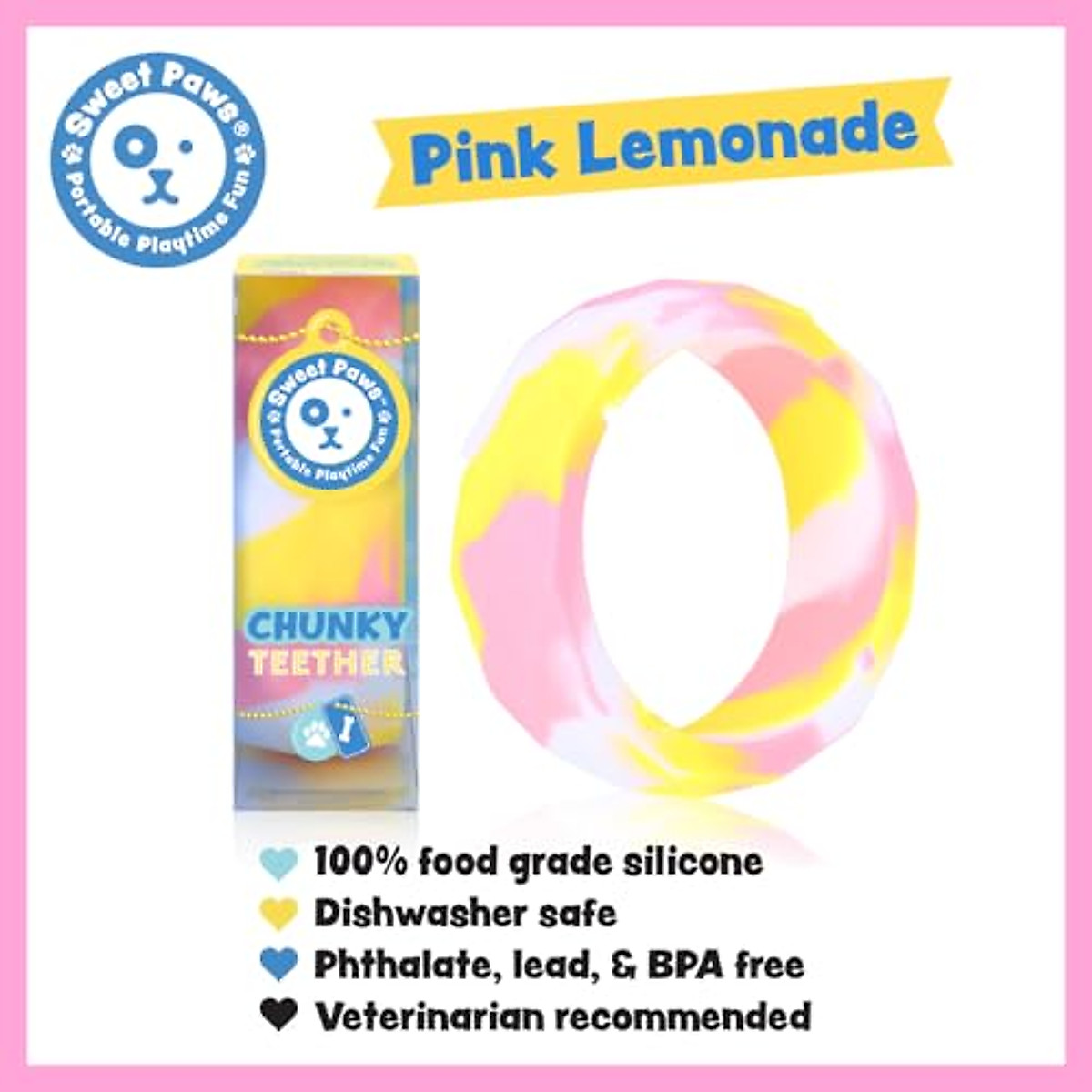 Sweet Paws Chunky Teething Rings for Dogs, Bracelet Food Grade Silicone Puppy Chew Toys for Large Puppies, Durable Dog Ring Toy for Medium Large Dogs, Puppy Teething Chews - Pink Lemonade