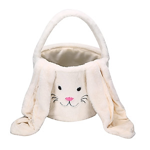 E-FirstFeeling Plush Easter Bunny Basket Easter Basket for Kids Easter Egg Hunt Basket with Ears Bunny Bucket Tote for Easter Eggs Candy (Plush-White)