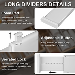 HiYZ Expandable Drawer Dividers - 12.6-22.8'' Adjustable Drawer Divider Organizers for Kitchen Utensils, Drawer Separators in Bedroom, Dresser, Office, Bathroom, Fridge, 3 Pack Long Dividers-Gray