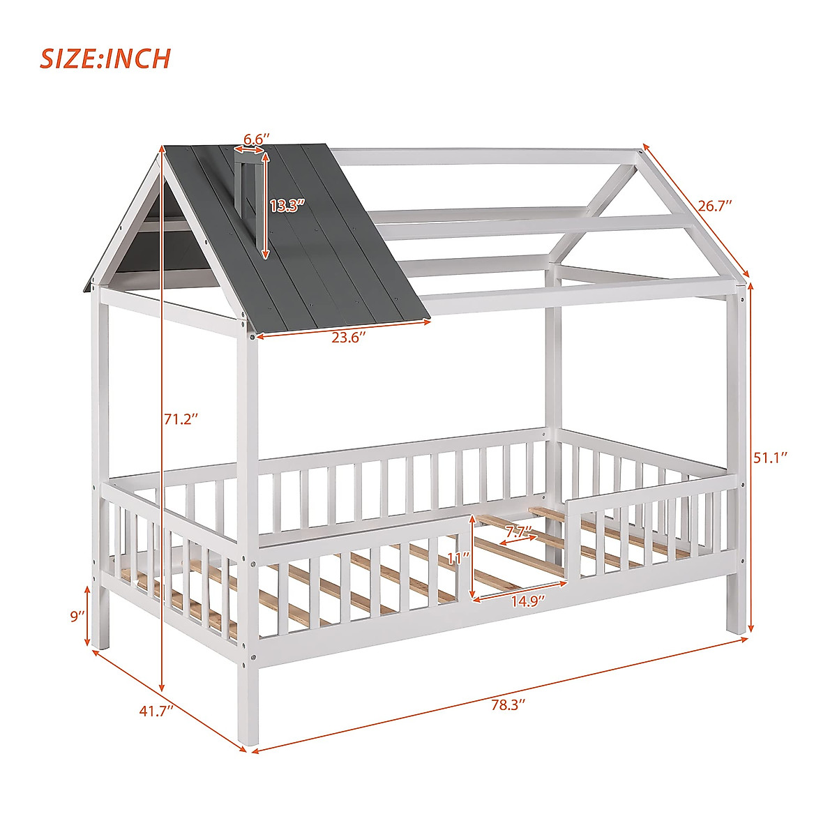 Bellemave Twin House Bed Kids Montessori Beds Playhouse Bed Tent Bed, Solid Wood Platform Bed Frame with Fence and Roof for Kids Teens Girls Boys (White+Gray)