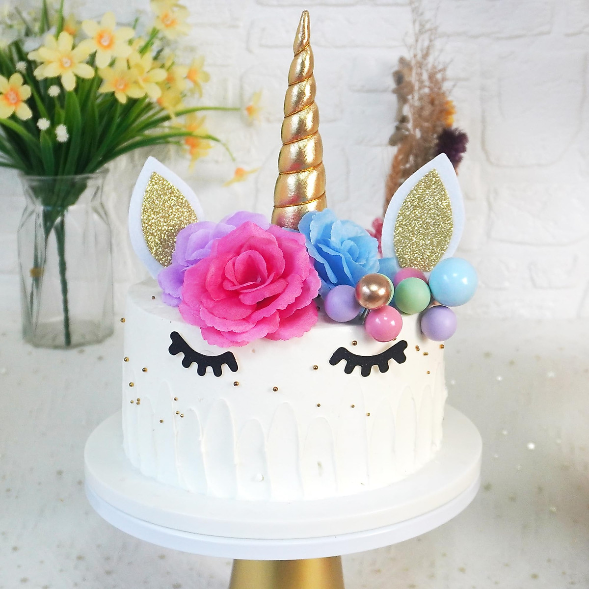 38 PCS Unicorn Cake Topper, Unicorn Flower Cake Decorations with Flowers Balls Stars Unicorn Happy Birthday Cake Decorations for Boys Girls Kids Birthday Party Baby Shower Supplies (Flower)