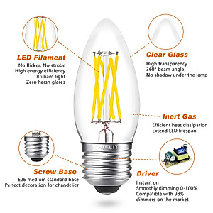 AIELIT E26 Candelabra LED Bulbs Daylight, Dimmable Bright White 5000K, 6W B11 Candle Light Bulb 60 Watt Equivalent for Bathroom Vanity Dining Living Room Kitchen Chandelier Pendant Lights, 4-Pack