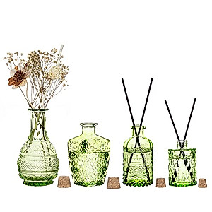 MyGift Vintage Embossed Green Glass Decorative Reed Diffuser Bottles with Cork Lids, Small Apothecary Style Flower Bud Vases, Set of 4