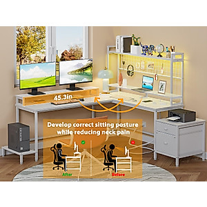 Furologee White L Shaped Gaming Desk with LED Strips and Power Outlets, 64" Reversible L Computer Office Desk with Pegboard and Fabric File Drawer, Coner Desk with Monitor Stand and Hutch