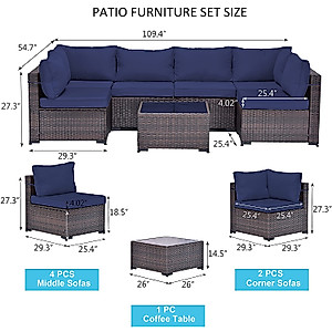 Kullavik Outdoor Patio Furniture Set, 7-Piece Patio All-Weather Outdoor Sofa, PE Wicker Combo Set with Coffee Table and Washable Sofa Seat Cushions (Navy Blue)