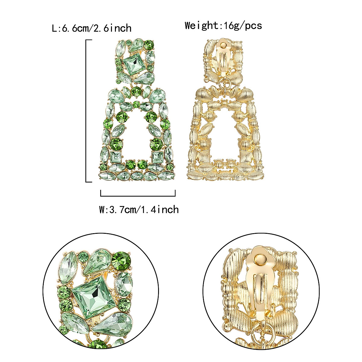 Flyonce Rectangle Clip-on Drop Earrings for Women, Sparkly Rhinestone Crystal Geometric Statement Non Pierced Earrings Light Green