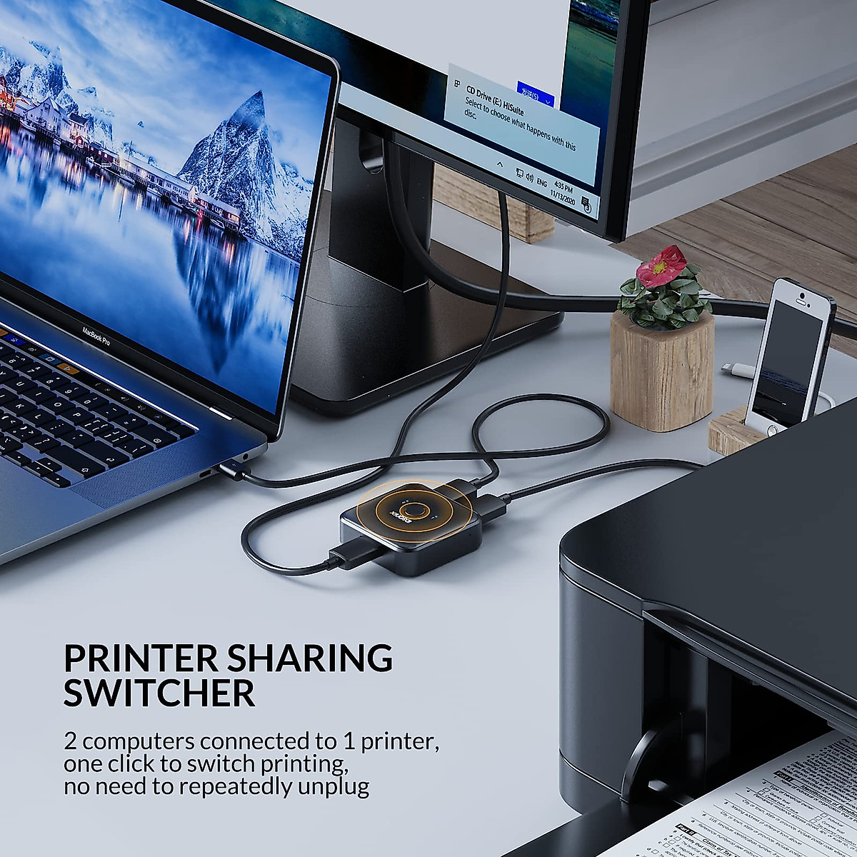 USB 3.0 Switch Selector,iDsonix USB Switcher 1 in 2 Out(2 in 1 Out) Bi-Directional,USB Switch 2 Computers Share 1 Device for Printer,Scanner,Keyboard, USB Sharing Switch with 2pcs A to A 3.3ft Cables