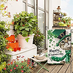 Happy St Patricks Day Garden Flag for Outdoor,Cat with Green Hat Scarf Shamrock Small Yard Flag,Spring Saint Patrick Decors for Outside Farmhouse Holiday 12x18 Double Sided