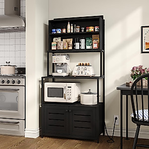 Furniouse 5-Tier Kitchen Bakers Rack with Power Outlet, Industrial Microwave Oven Stand with Shelves, Kitchen Utility Storage Shelf with Cabinet, Standing Kitchen Storage Rack,Black