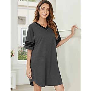 Ekouaer Womens Nightgown Cotton Sleepwear Short Sleeve Sleep Shirt V Neck Color Block Nightshirt XL Dark Grey