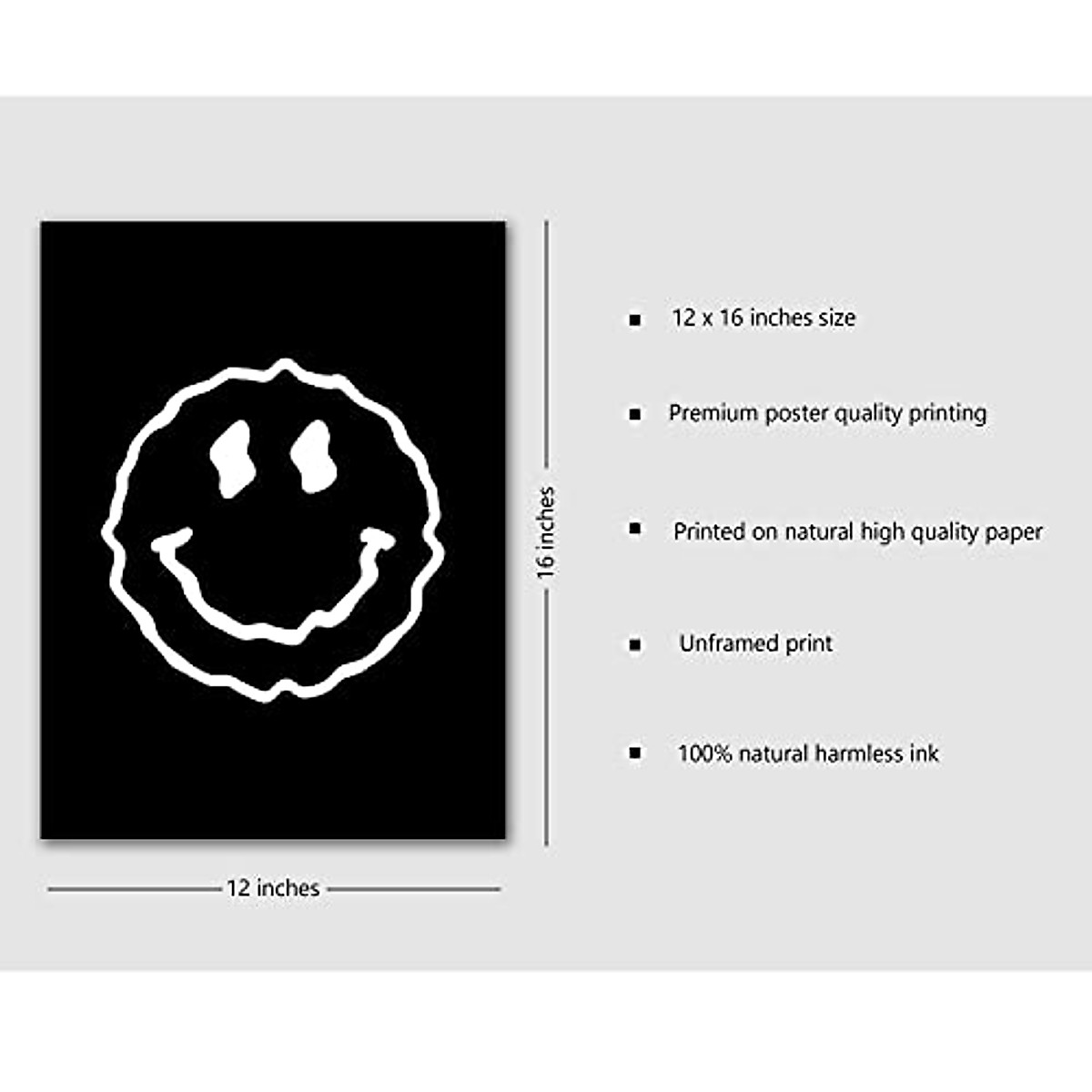 PRINT UP Smiley Poster Wave Face, Trippy Room Decor, Cool Modern Funny Posters for College Dorm, Grunge Black Poster 12x16 (UNFRAMED)